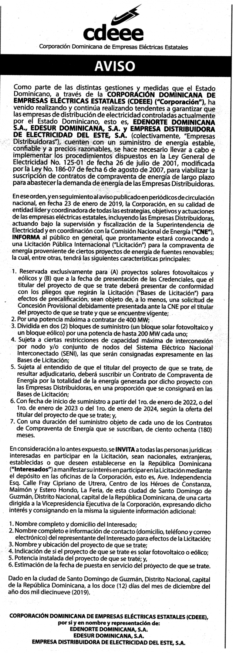 Aviso CDEEE de Licitación Pública Internacional para la Compraventa de ...
